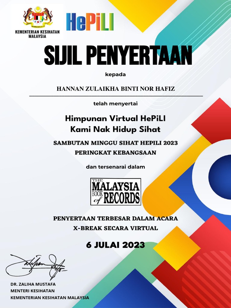Sijil Penyertaan Himpunan Virtual Hepili 2023 | PDF