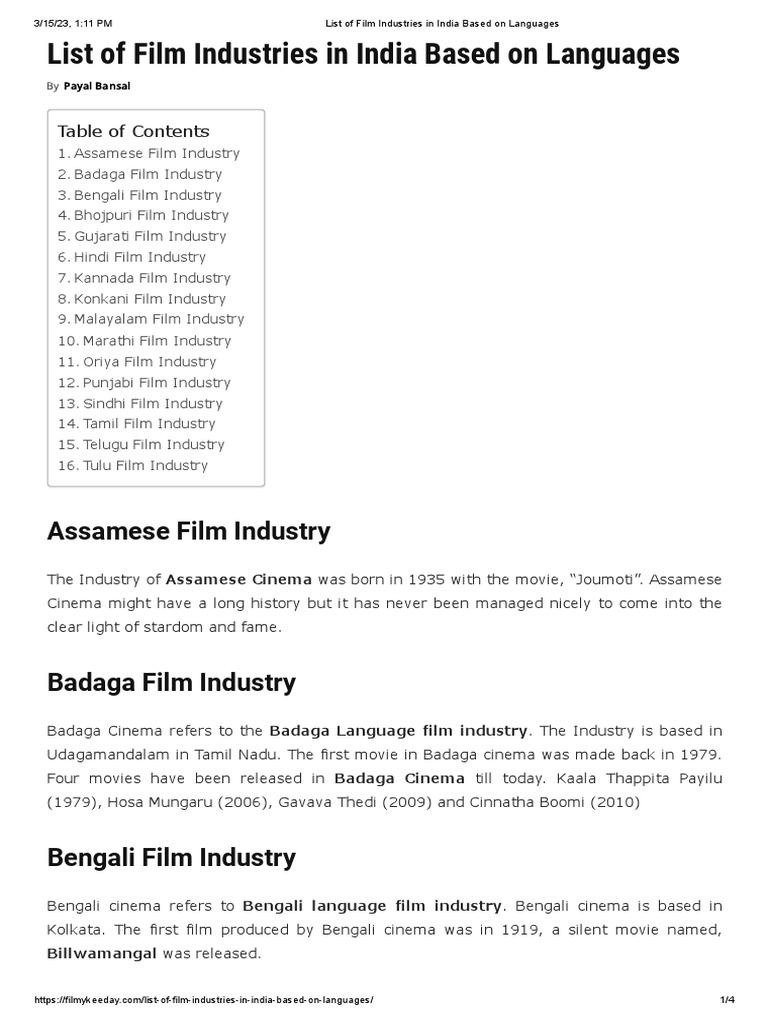 List of Film Industries in India Based On Languages | PDF | Cinema Of ...