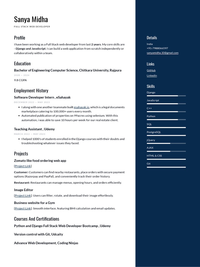 SanyaMidha FullStackWebDeveloper Resume | PDF | World Wide Web | Internet & Web