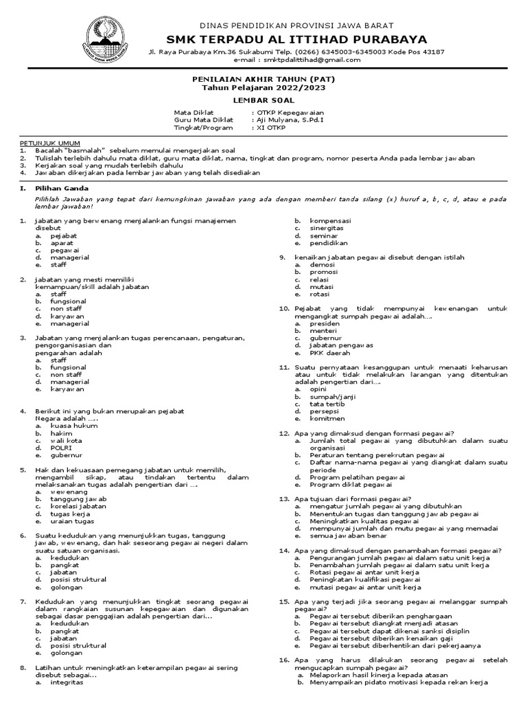 Soal PAT XI OTKP Kepegawaian | PDF