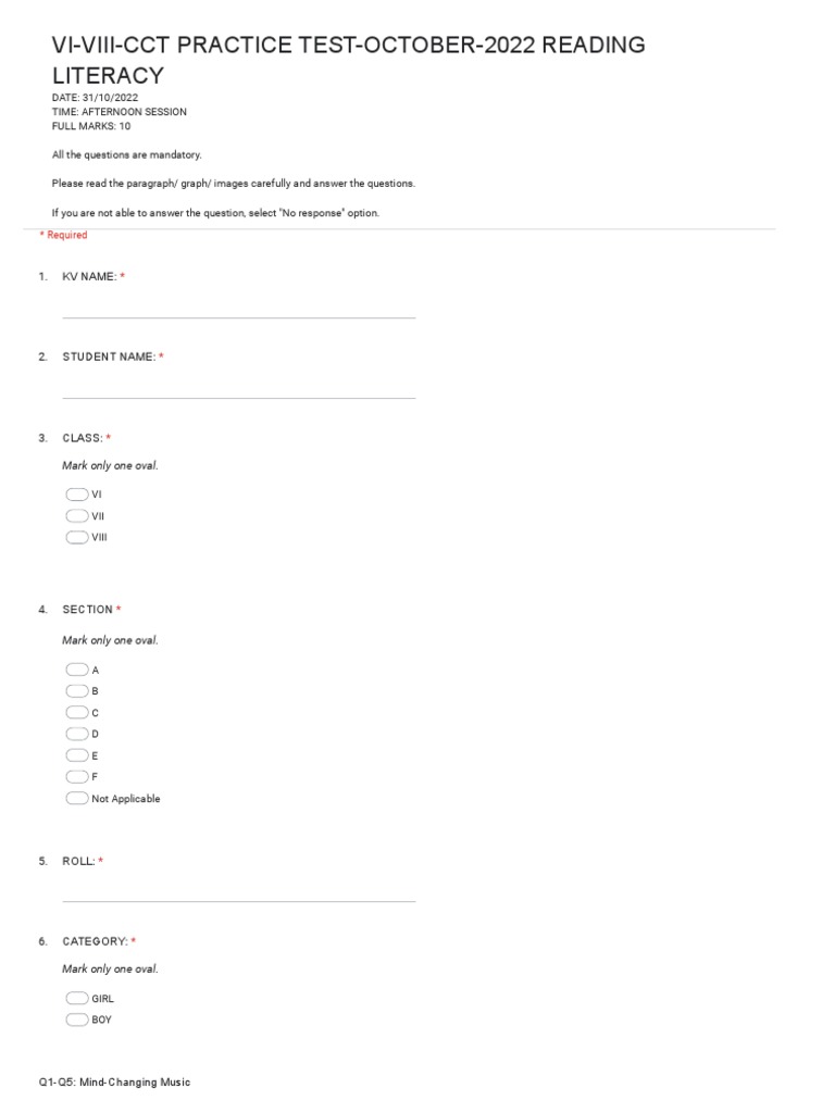 KV BAM-VI-VIII-READING-CCT PRACTICE TEST-OCTOBER 2022 - Google Forms ...