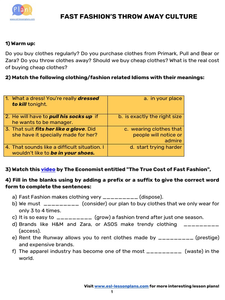 An ESL Lessonplan On Fast Fashion. C1 Lesson Plan. Student Version ... An ESL Lessonplan On Fast Fashion. C1 Lesson Plan. Student Version ...