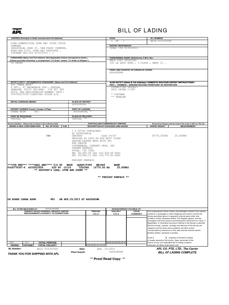 Draft Bill - 074763568 | PDF | Cargo | Bill Of Lading