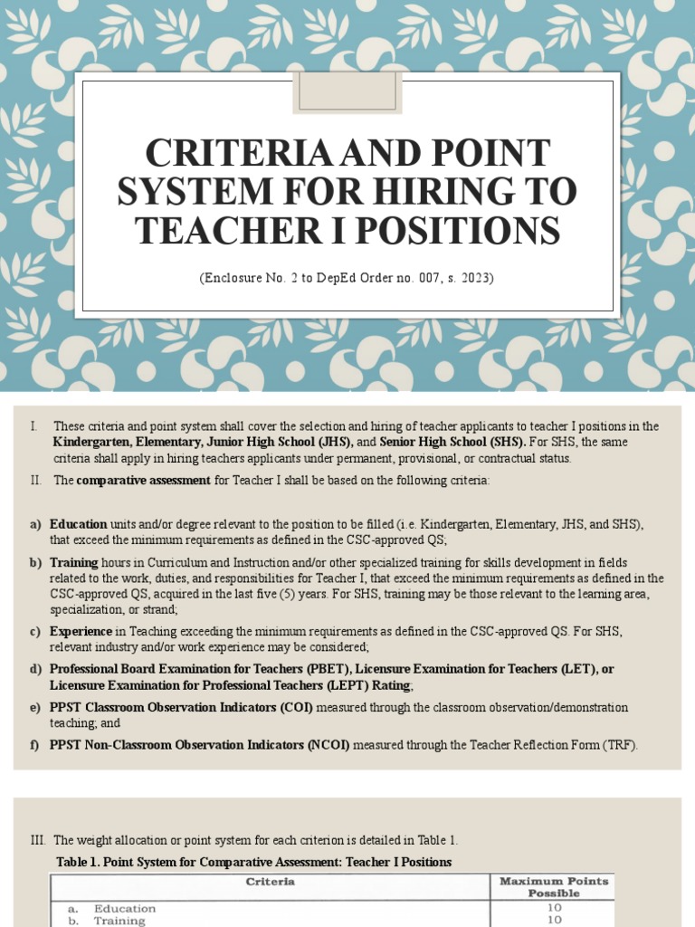 Criteria and Point System For Hiring To Teacher I Positions | PDF ...