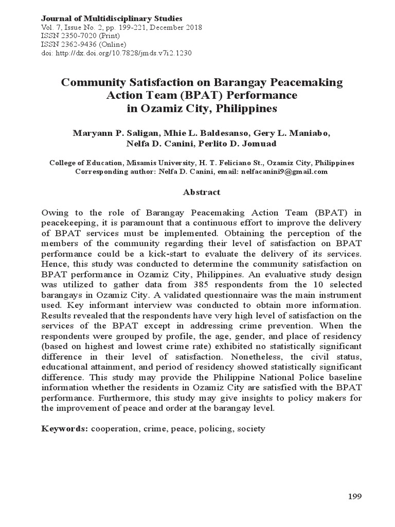 Community Satisfaction On Barangay Peacemaking Action Team (BPAT ...