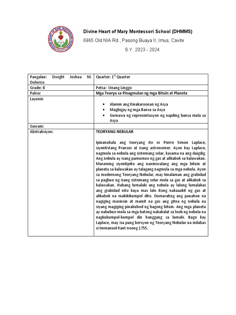 Lesson Plan Template Divine Heart of Mary Montessori School Week 1 | PDF
