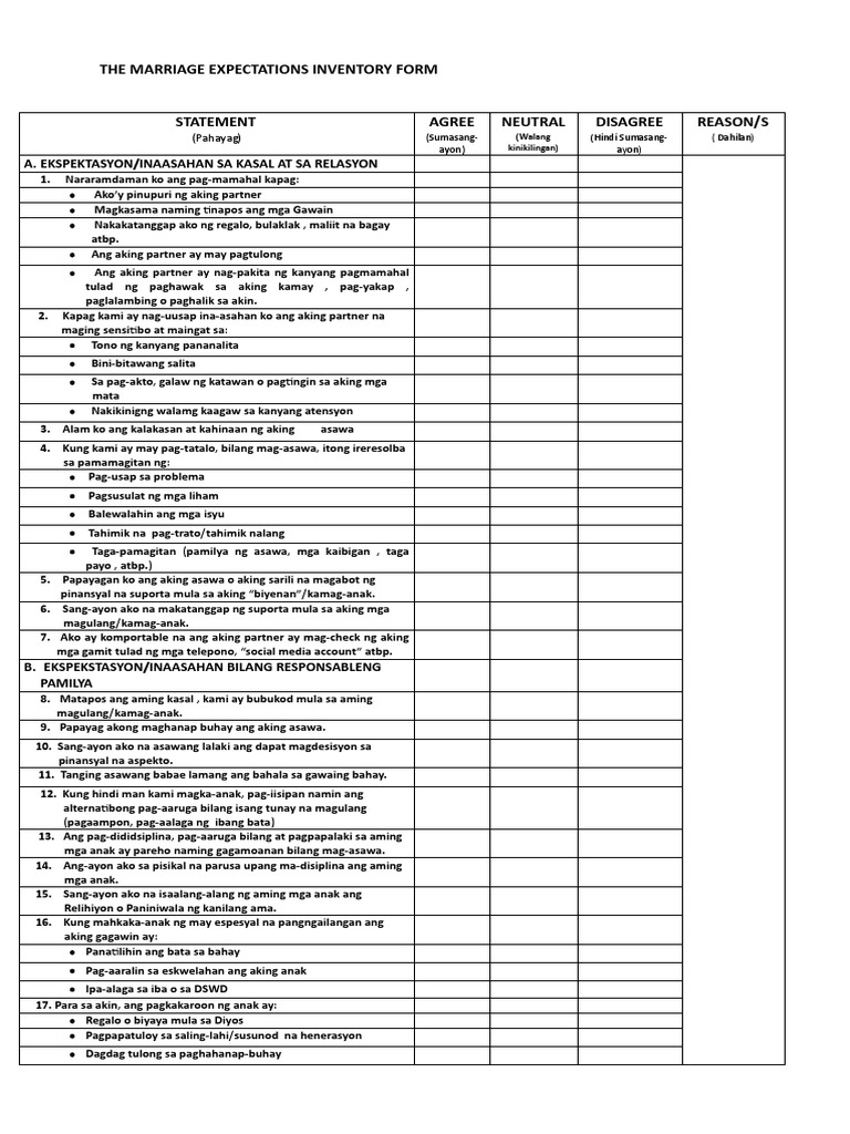 The Marriage Expectations Inventory Form | PDF