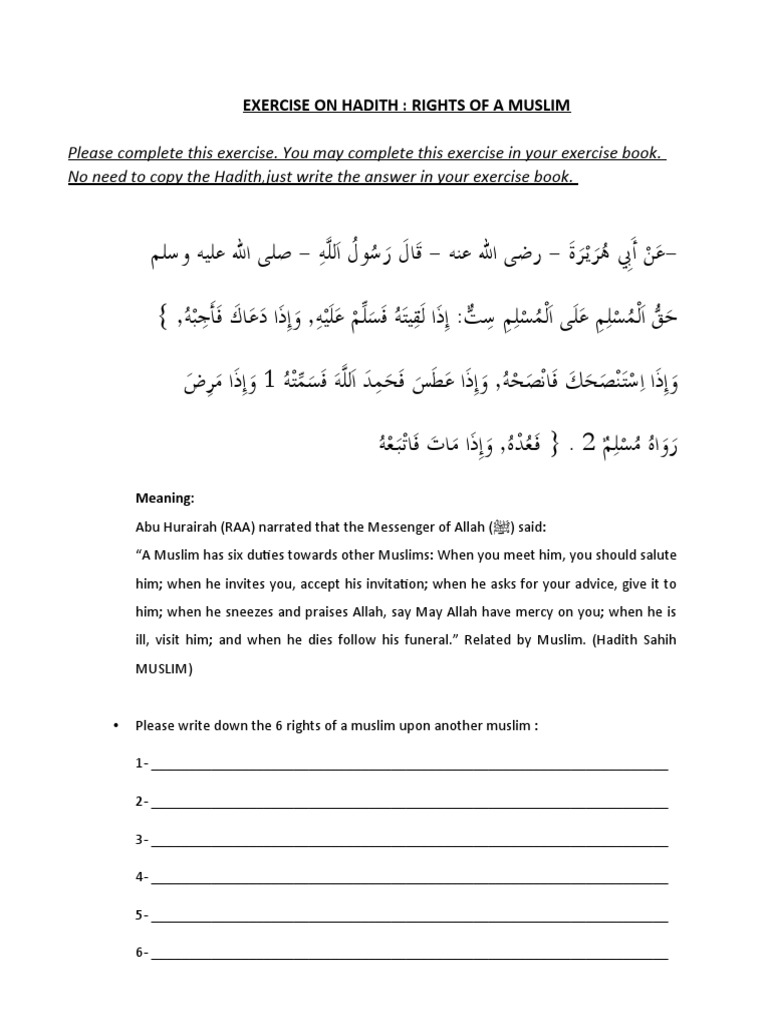 Exercise On Hadith The Right of A Muslim | PDF | Hadith | Islamic Ethics
