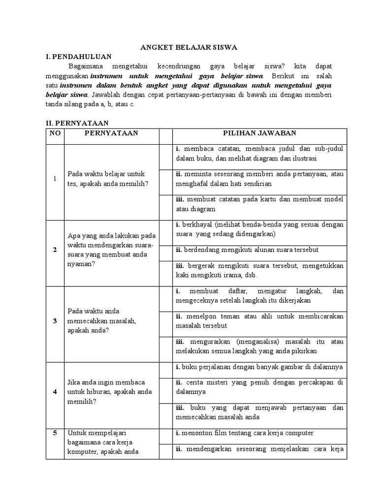 Pedoman Analisis Angket Gaya Belajar Siswa | PDF