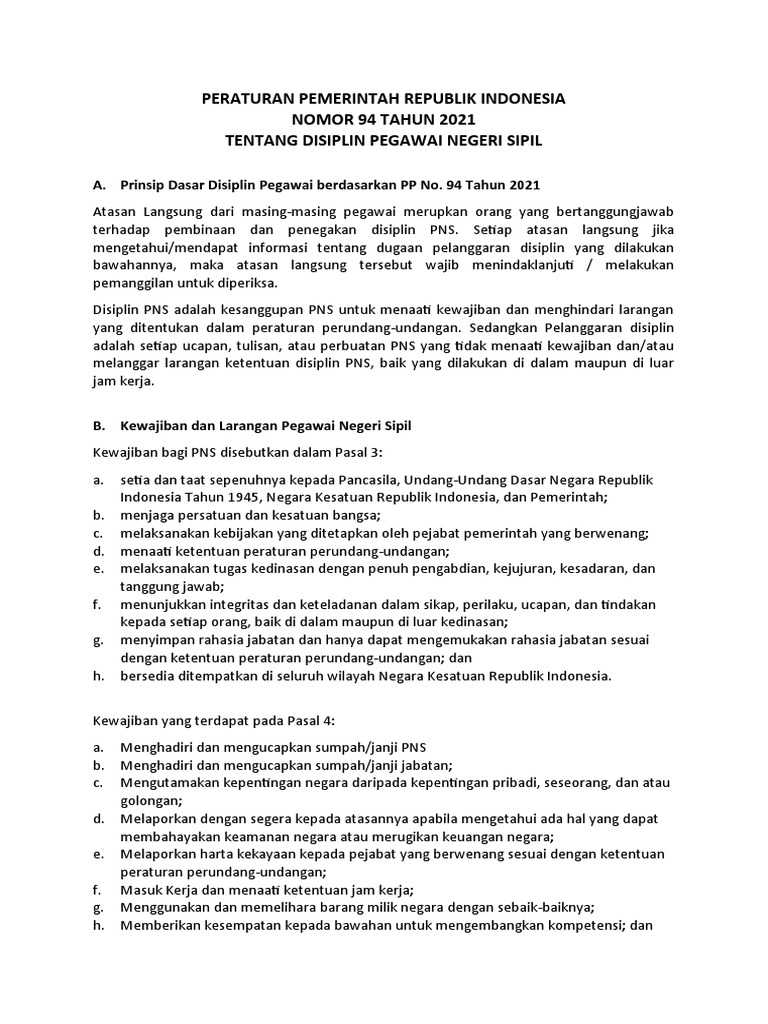 Prinsip Dasar Disiplin Pegawai PP 94 Tahun 2021 | PDF | Hukum