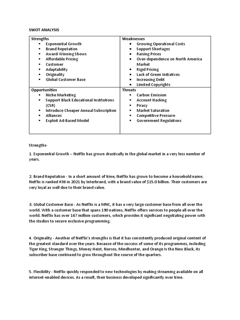SWOT ANALYSIS of Netflix | PDF | Netflix | Streaming Media