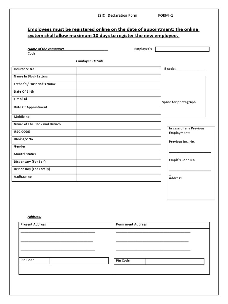 Esic Form 1 Pdf