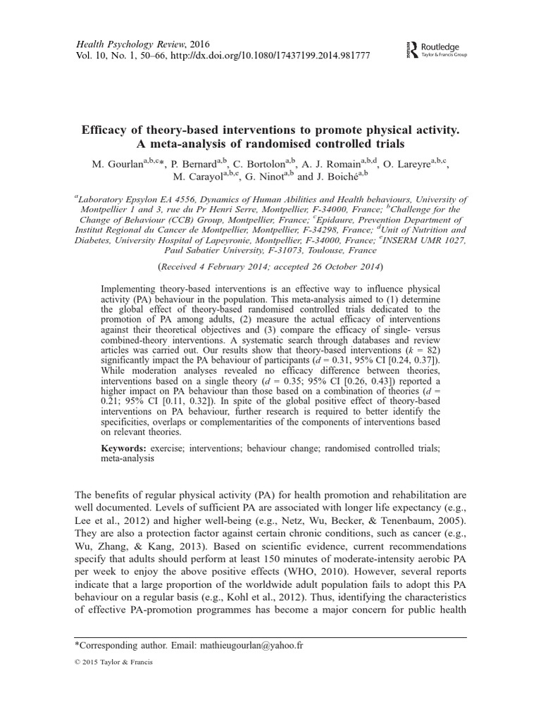 Efficacy of Theory-Based Interventions To Promote Physical Activity. A ... Efficacy of Theory-Based Interventions To Promote Physical Activity. A ...
