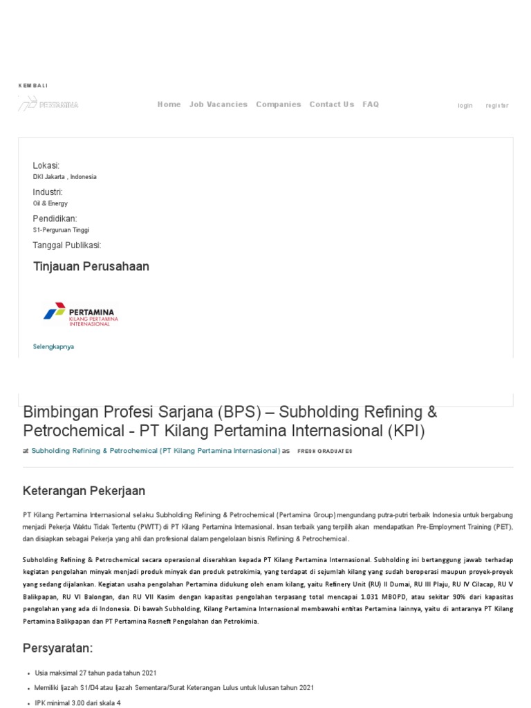 Lowongan BPS PT Kilang Pertamina Internasional | PDF