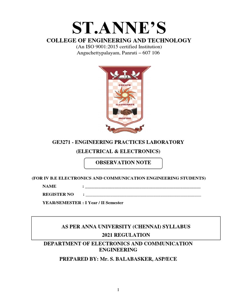 Ge3271-Engineering Practices Laboratory-743127329-Ge3271-Epl-lab Manual ...