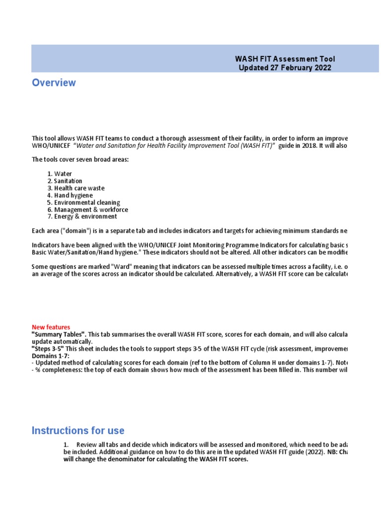 WASH FIT Assessment Tool Master 27 Feb 2022 | PDF | Sanitation | Wash