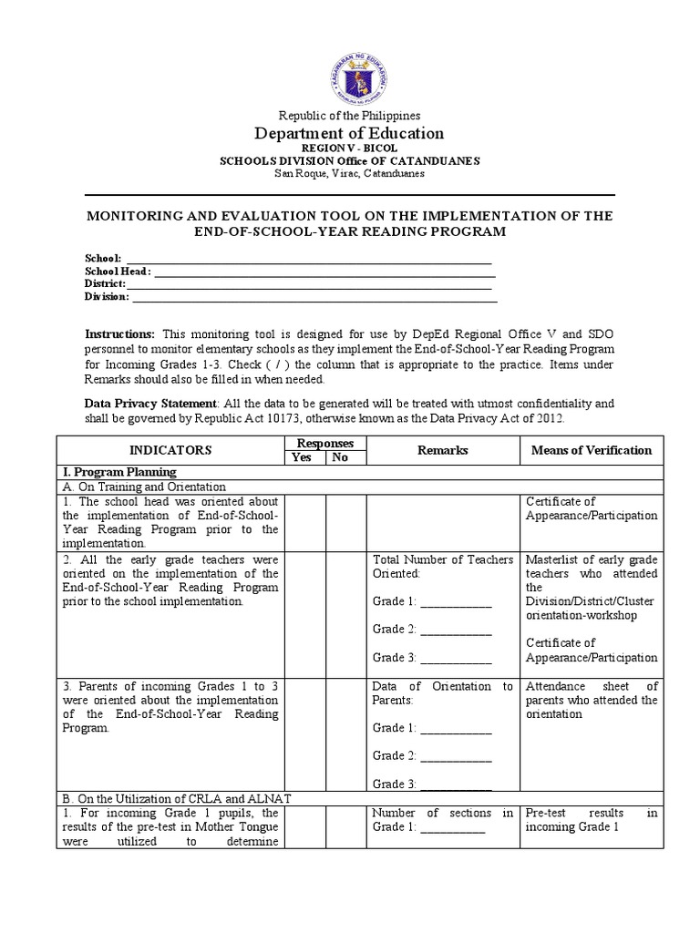 Monitoring and Evaluation Tool For EOSY Reading Program | PDF | Teachers | Learning