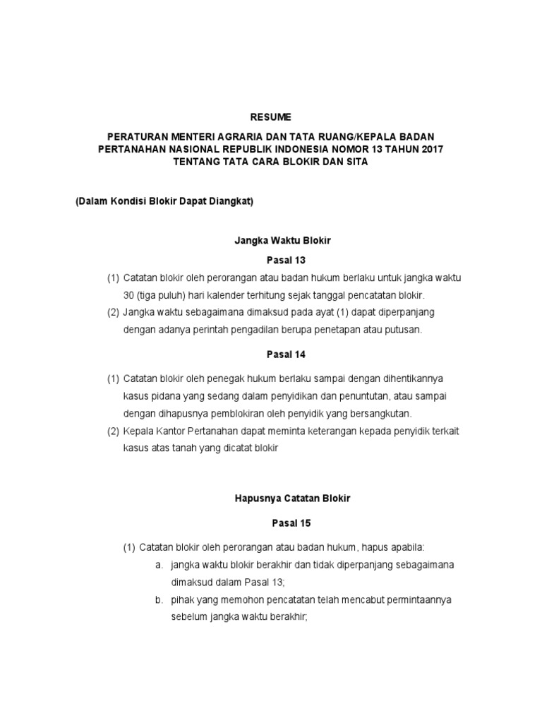 RESUME Peraturan Menteri ATR Nomor 13 Tahun 2017 | PDF