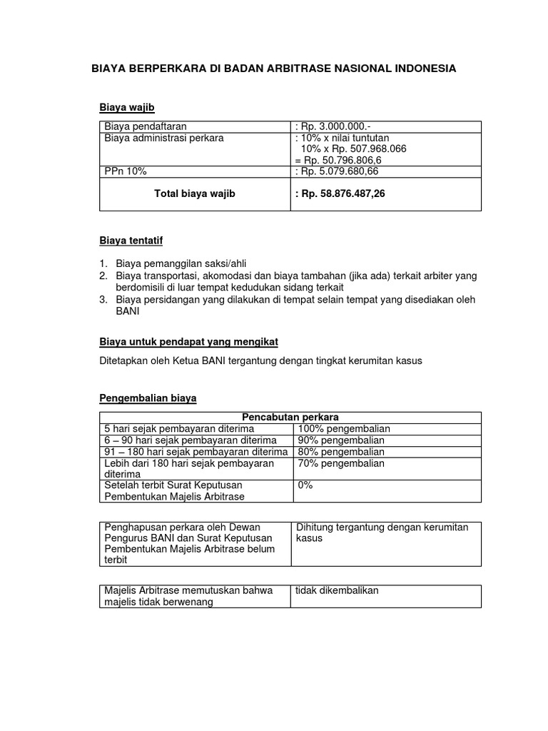 Biaya Berperkara Di Badan Arbitrase Nasional Indonesia | PDF | Bisnis ...