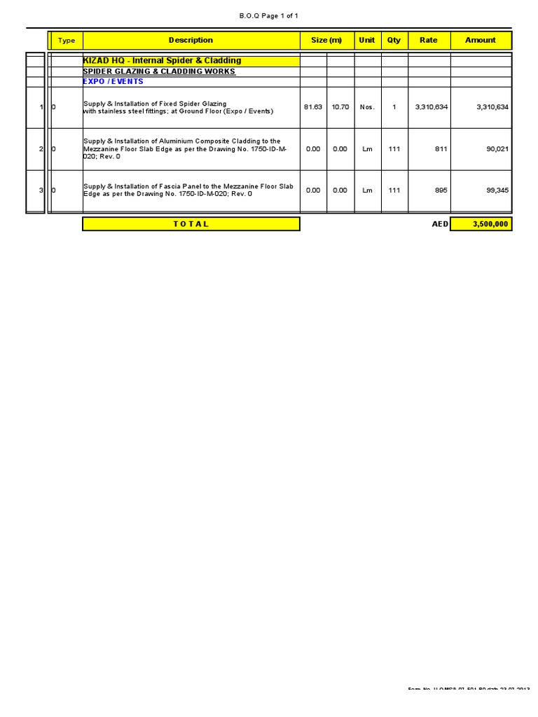 Excel Cladding and Spider Glazing B.O.Q | PDF