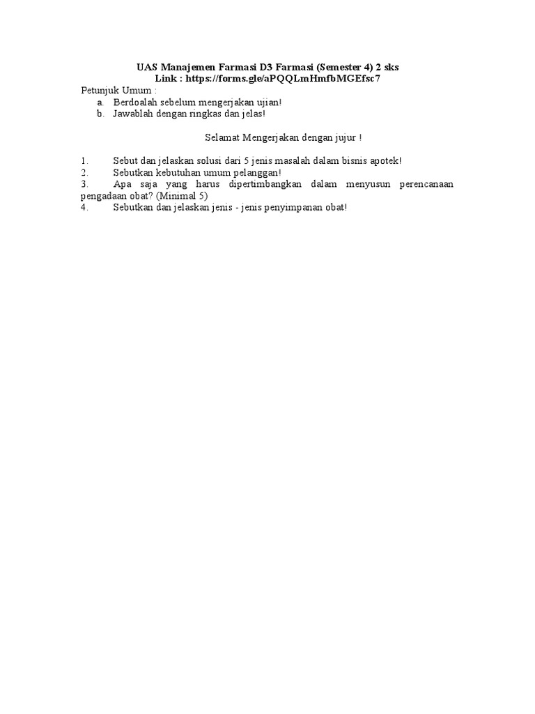 SOAL UAS Manajemen Farmasi | PDF