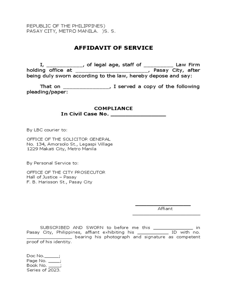Affidavit of Service Template Philippines | PDF | Law