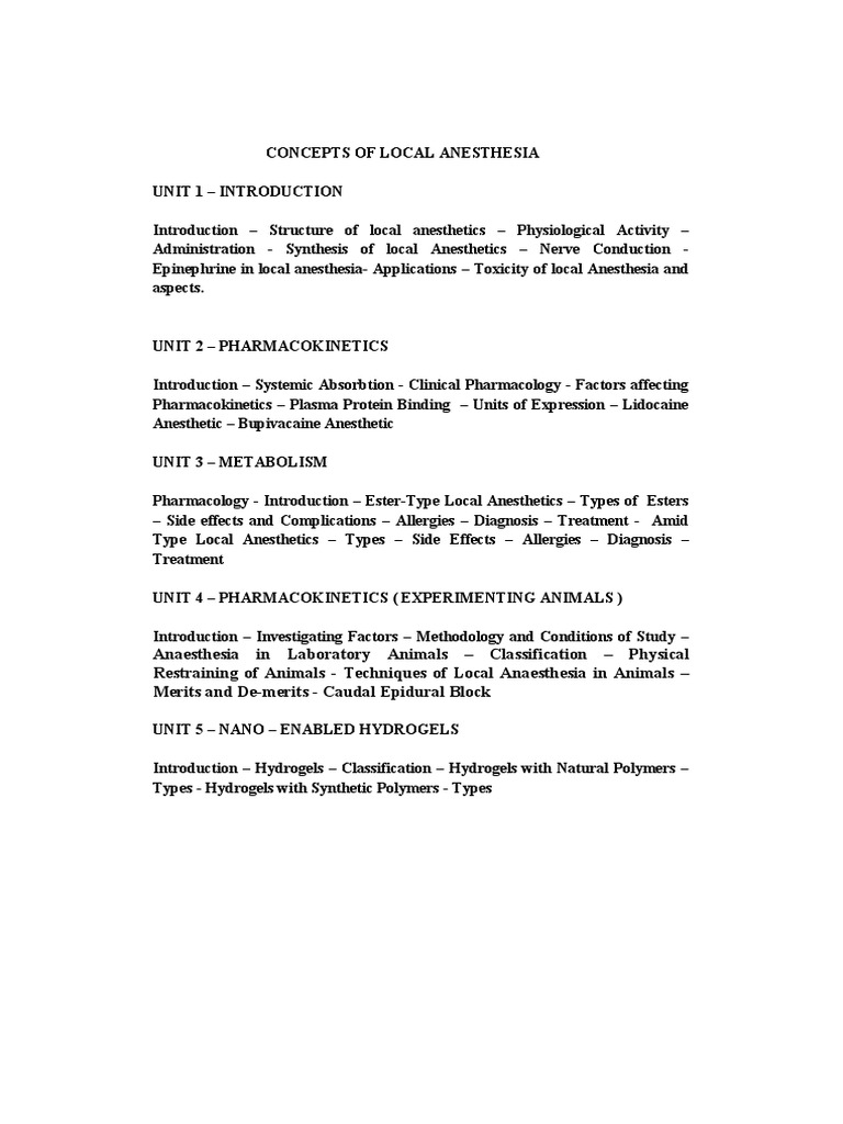 Syllabus - Concepts of Local Anesthesia | PDF