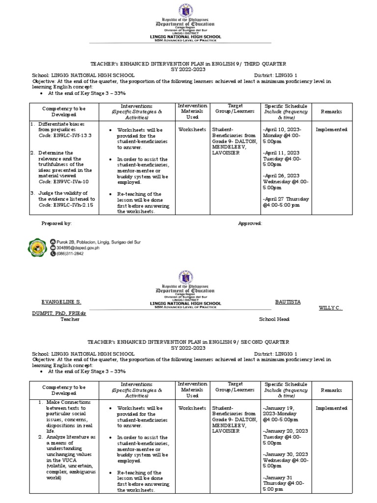 Enhanced English Intervention Plan 9 | PDF