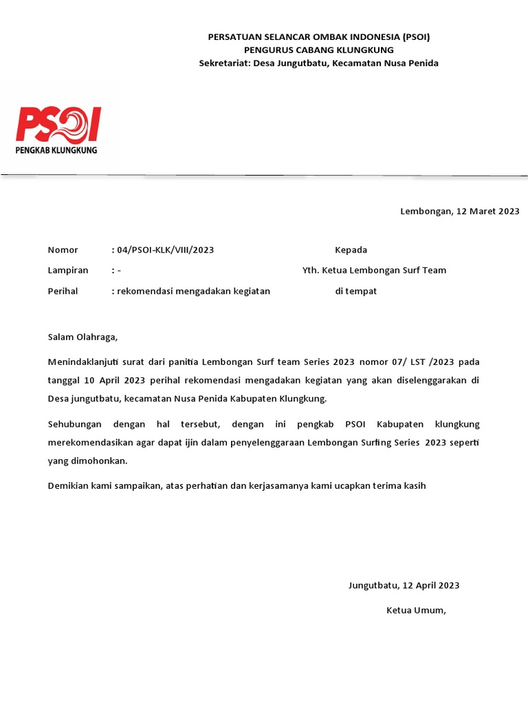 Surat Rekomendasi Kontes Psoi | PDF