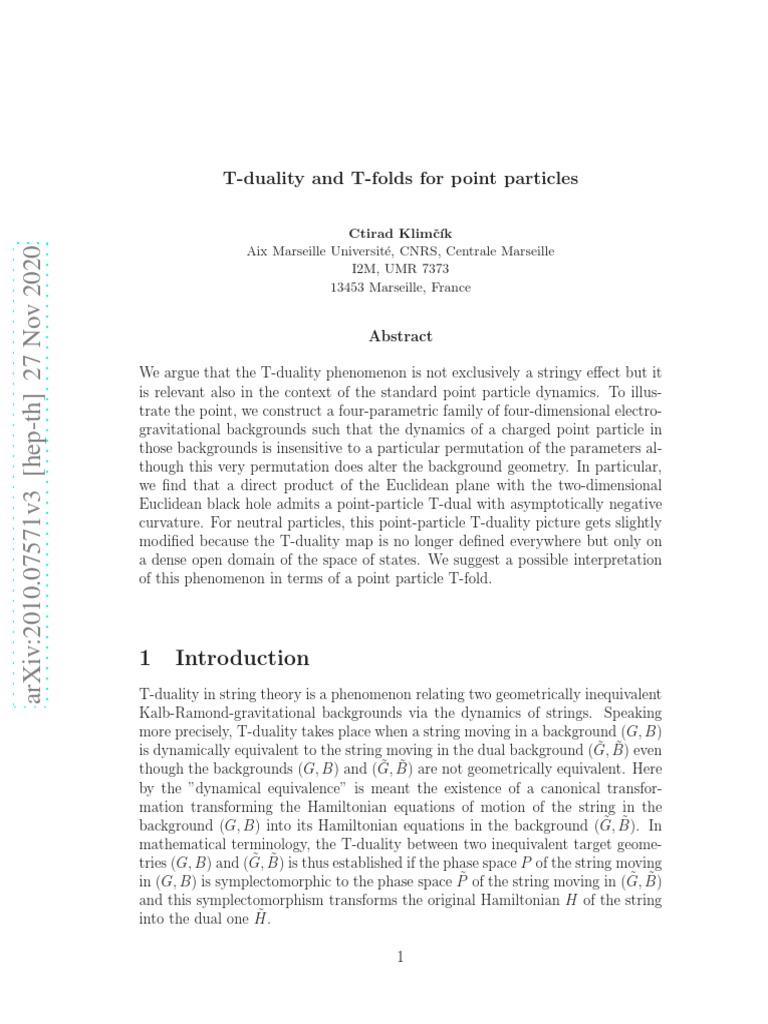 Klimcik T-Duality and T-Folds For Point Particles | PDF | Hamiltonian Mechanics | String Theory