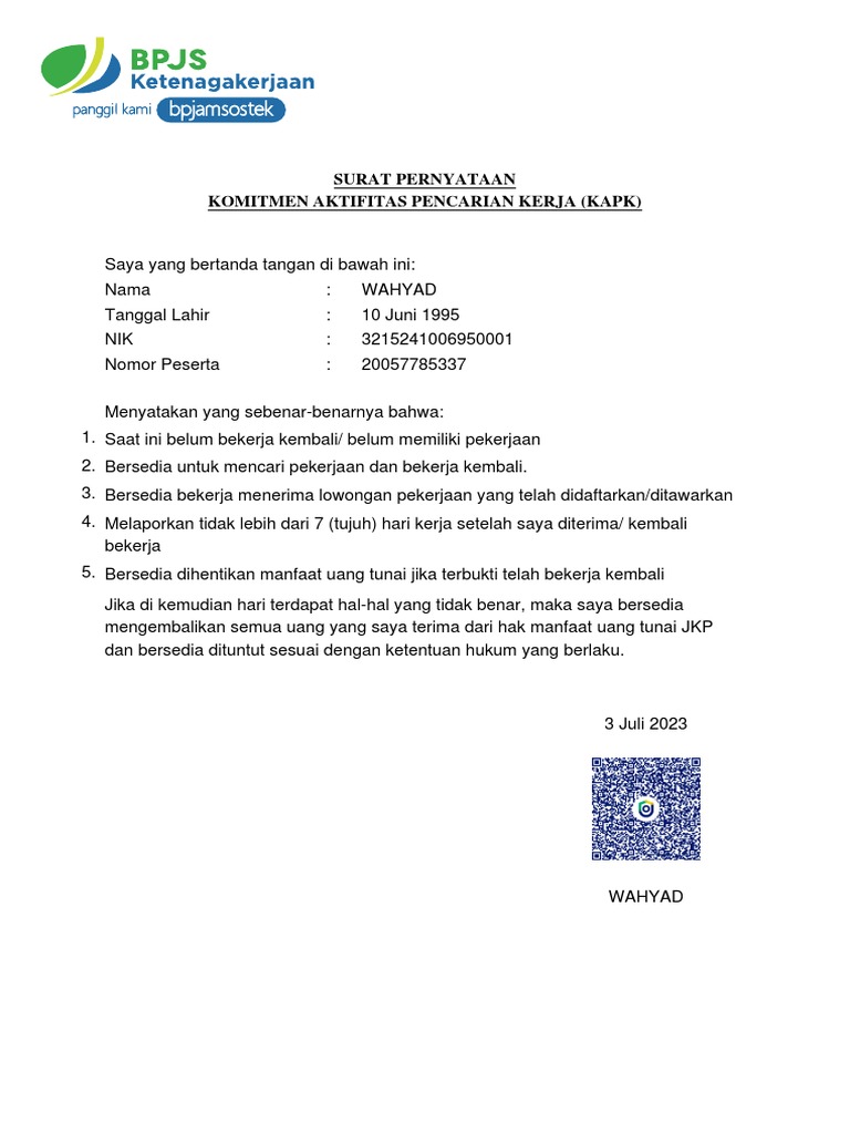 Surat Pernyataan Komitmen Aktifitas Pencarian Kerja (Kapk) | PDF | Hukum | Pengembangan Diri