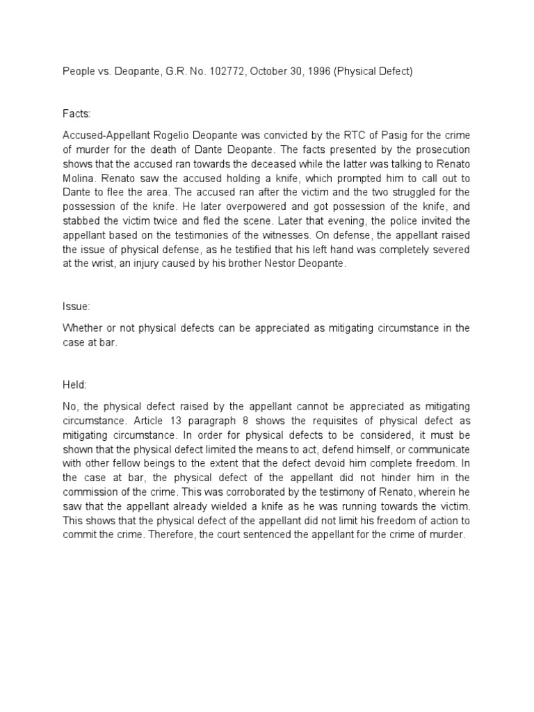 People vs. Deopante, G.R. No. 102772, October 30, 1996 (Physical Defect ...