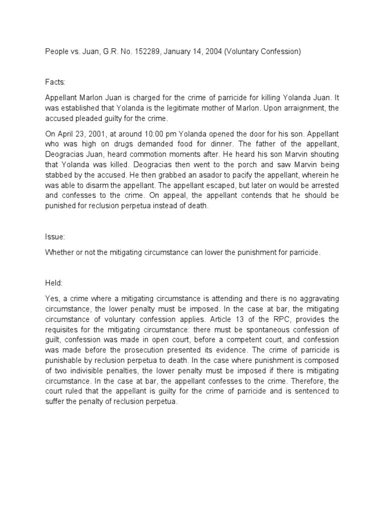 People vs. Juan, G.R. No. 152289, January 14, 2004 (Voluntary ...