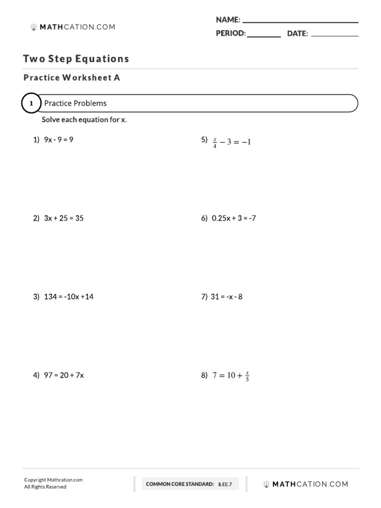 Two Step Equations: Practice Worksheet A | PDF