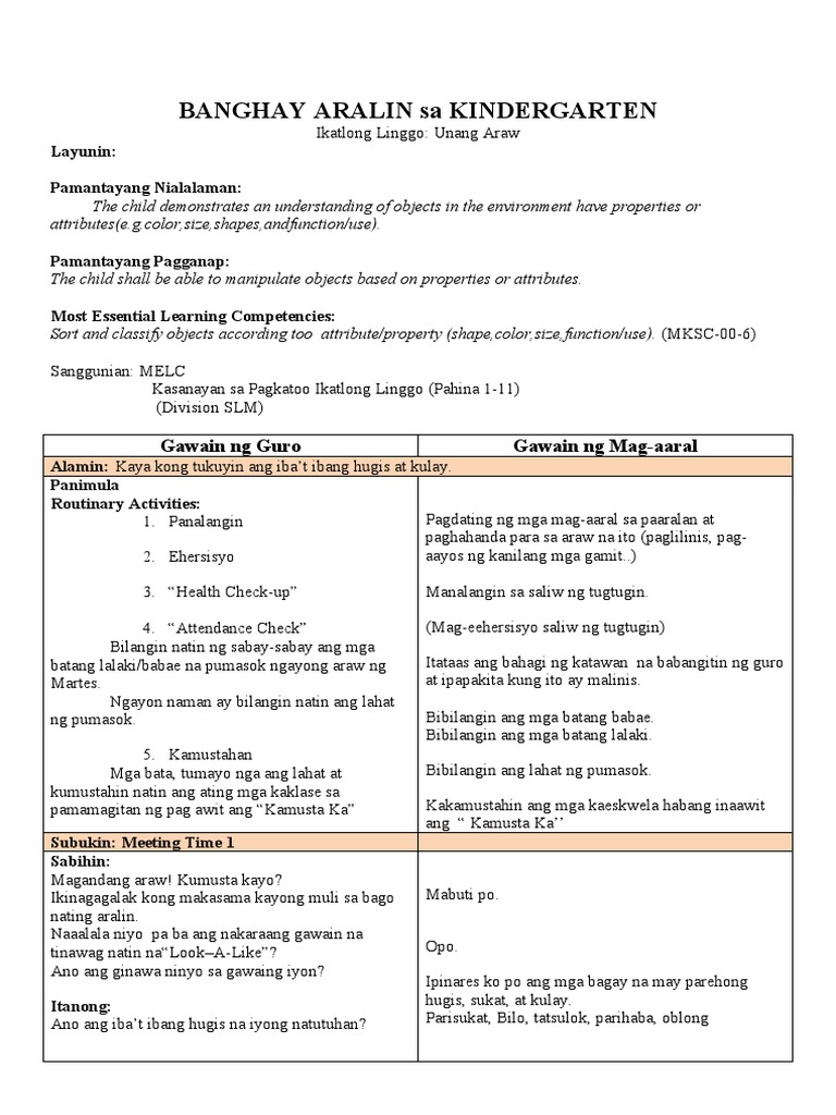 BANGHAY ARALIN Sa KINDERGARTEN | PDF