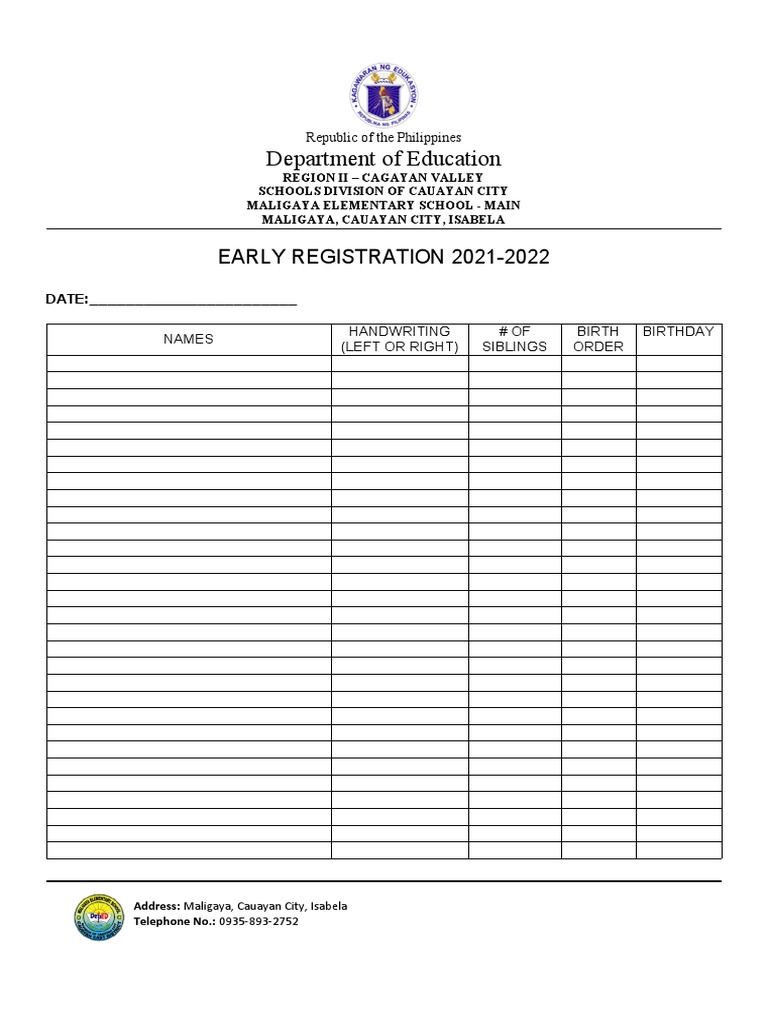Early Registration Form 2021-2022 | PDF
