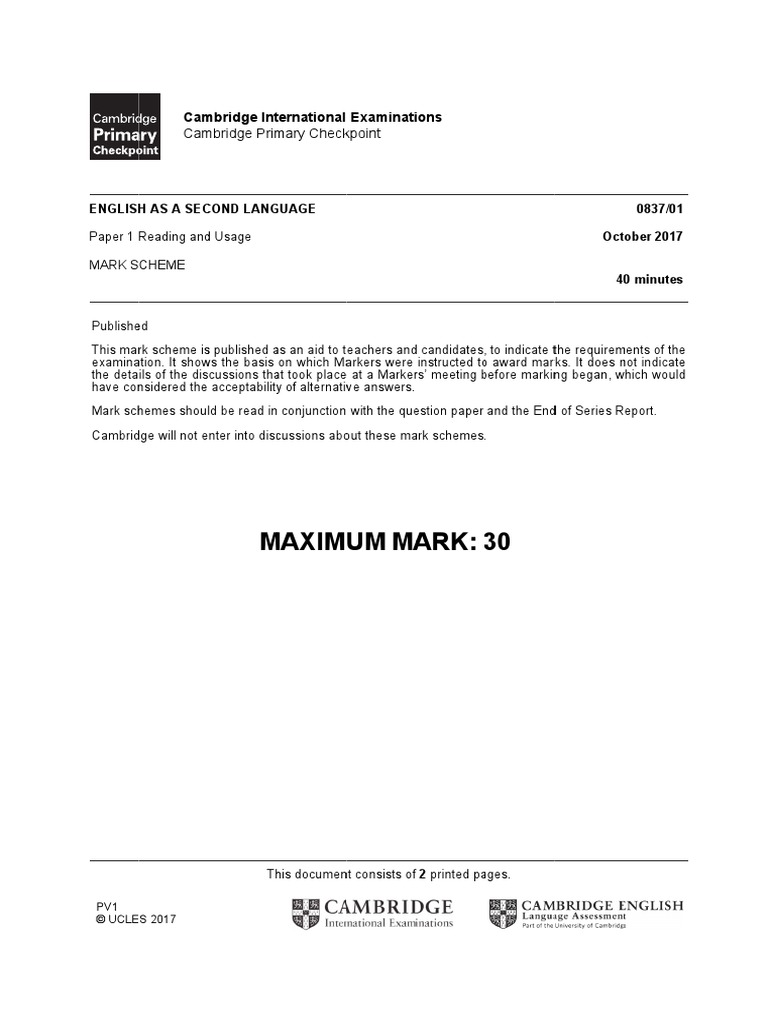 October 2017 CAIE P1 Mark Schemes 0837 English As A Second Language ...