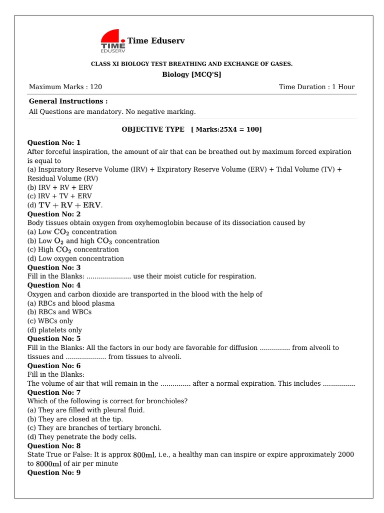 Class XI Breathing and Exchange of Gases Biology (MCQ'S) (21 - 07 ...