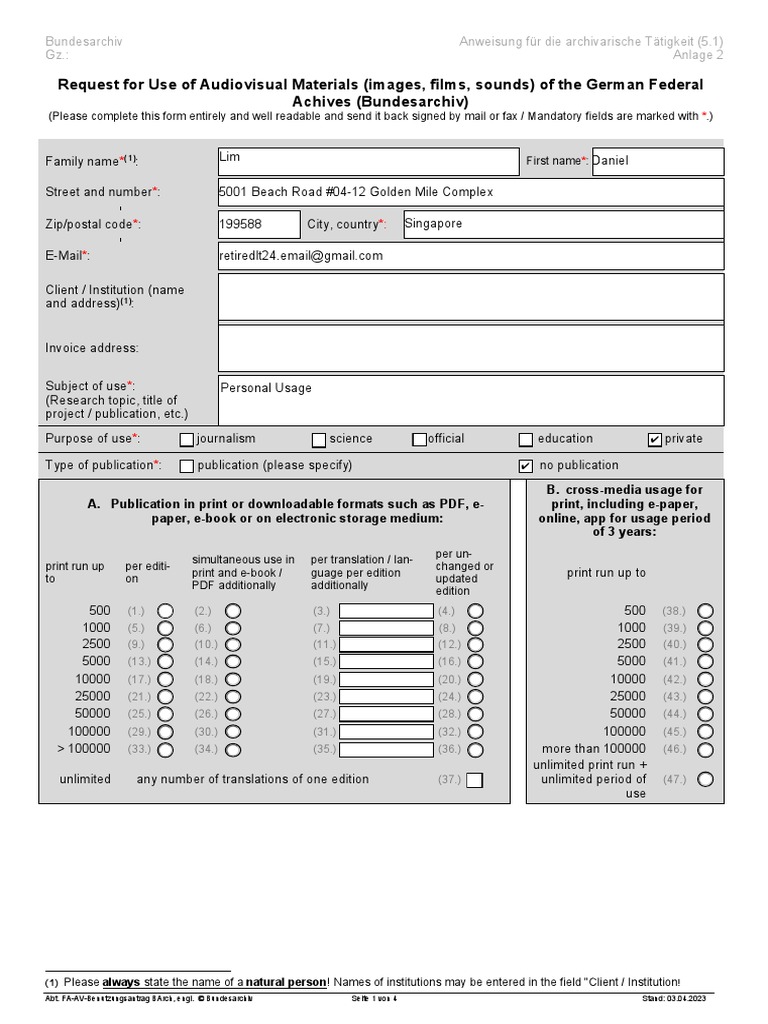Bundesarchiv-Benutzungsantrag AV-Medien-engl | PDF | Copyright | Indemnity
