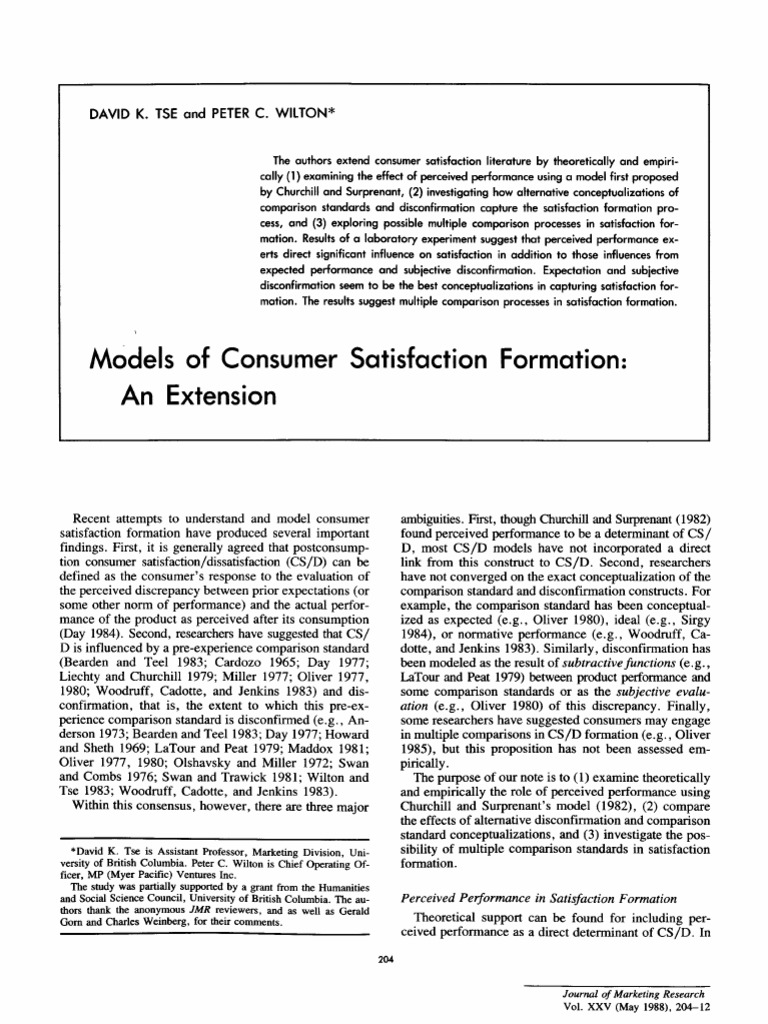 (1988) Models of Consumer Satisfaction Models of Consumer Satisfaction Fornation-An Extension ...
