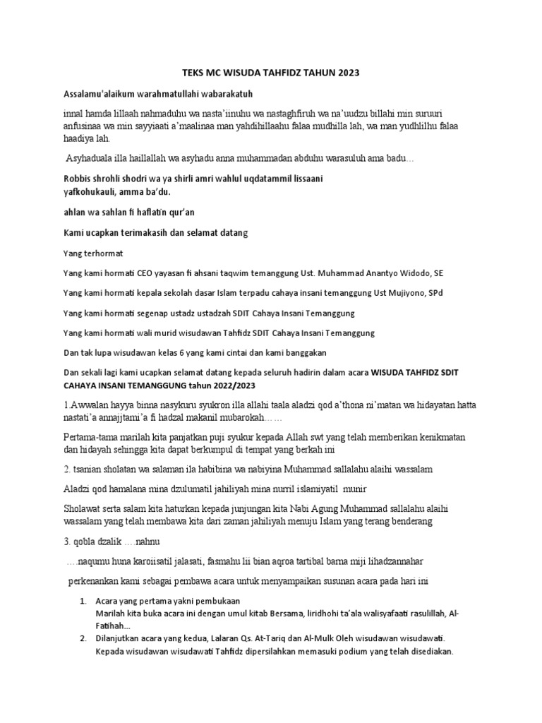 Teks MC Wisuda Tahfidz Tahun 2023 | PDF