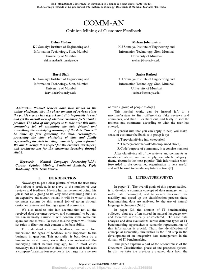 (2019) Opinion Mining of Customer Feedback | PDF | Cognitive Science | Cybernetics