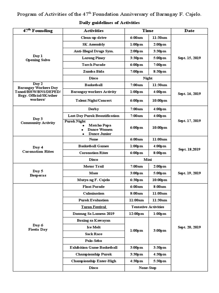 47th Barangay F. Cajelo Fiesta Program | PDF | Parade | Walking Events