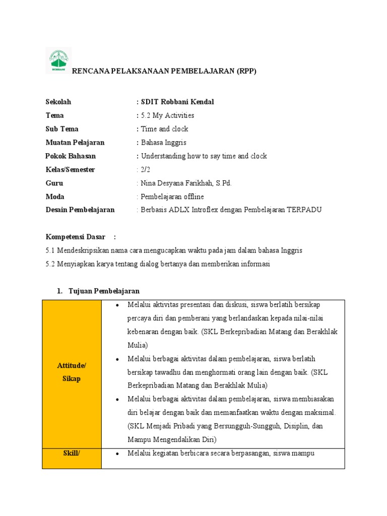 RPP Time and Clock | PDF | Karier & Perkembangan | Seni & Disiplin Bahasa