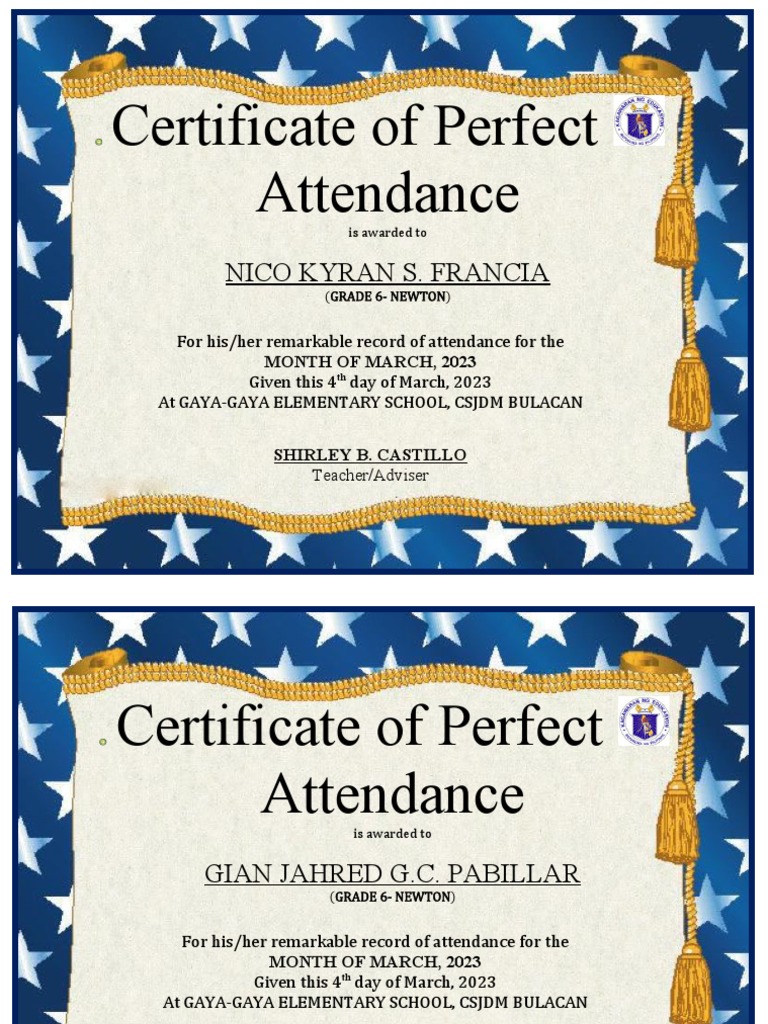 Perfect Attendance Certificate | PDF