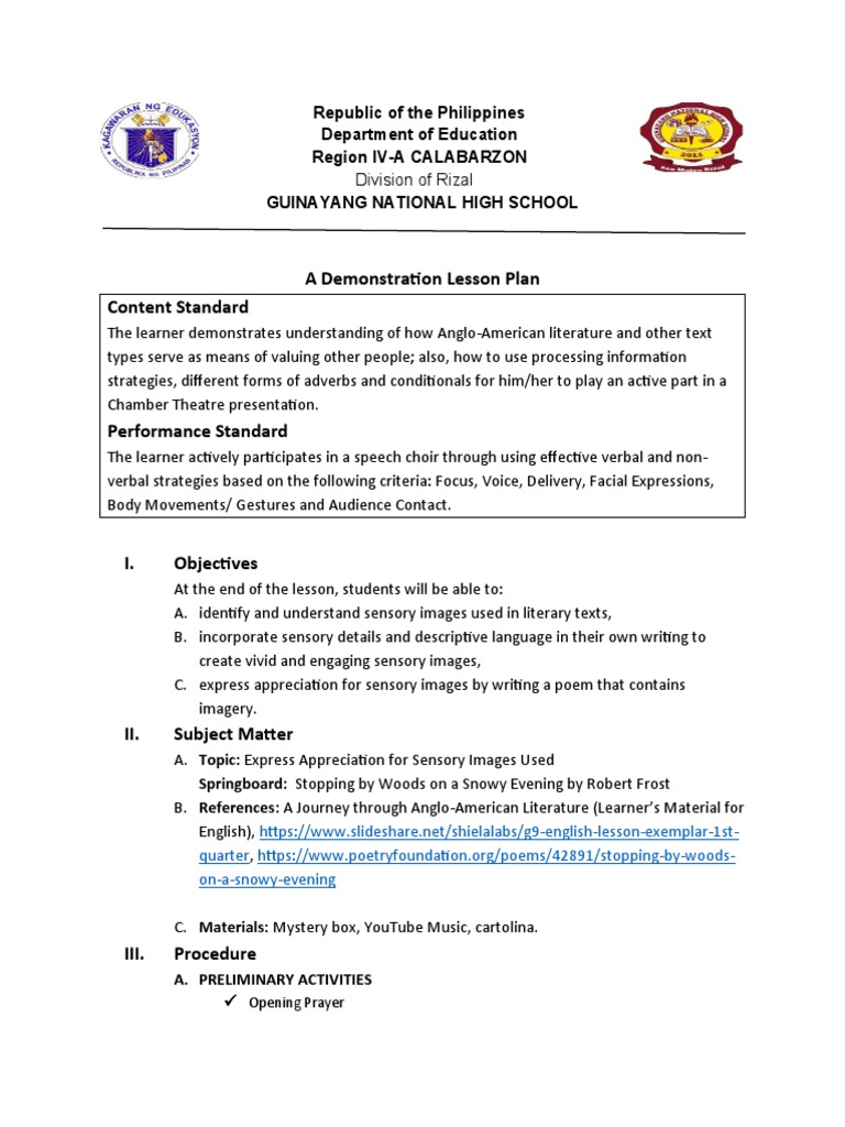 Demonstration Lesson Plan | Download Free PDF | Lesson Plan | Senses