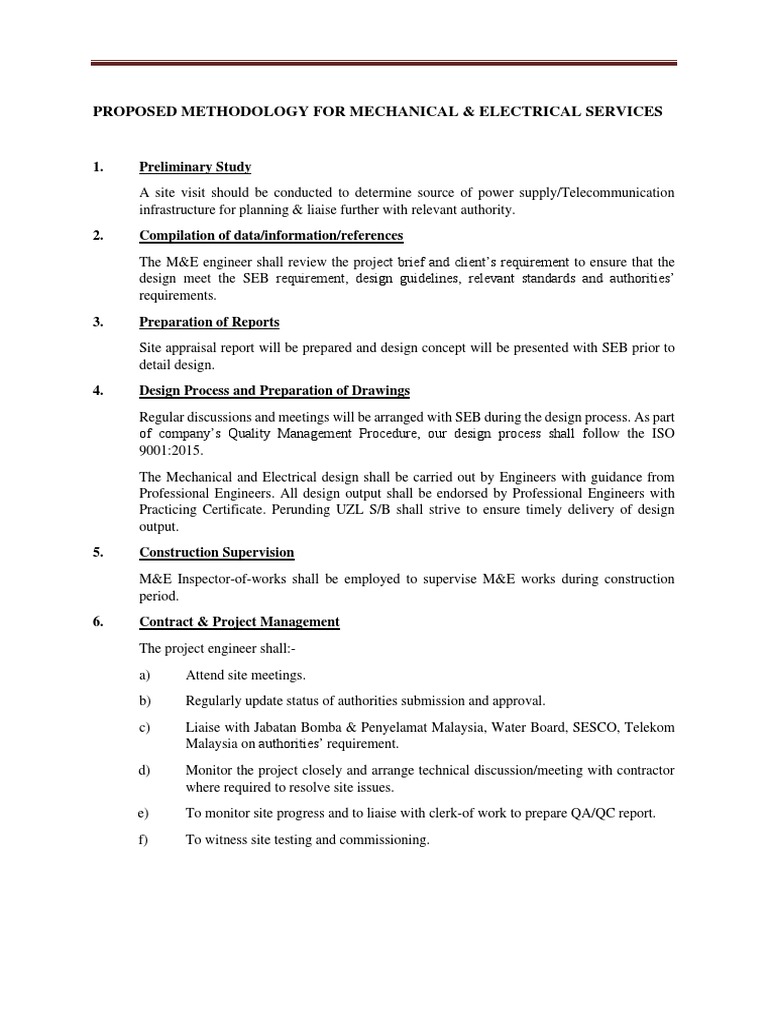 Proposed Methodology For Mechanical and Electrical Services - Samalaju ...