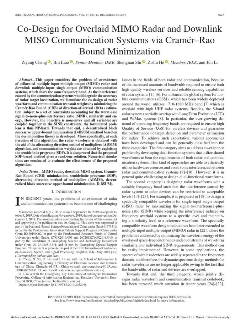 Co-Design For Overlaid MIMO Radar and Downlink MISO Communication Systems Via CramrRao Bound ...