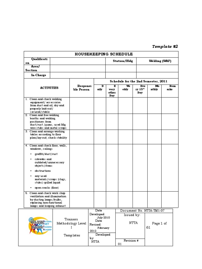 Welding Area Housekeeping Schedule | PDF