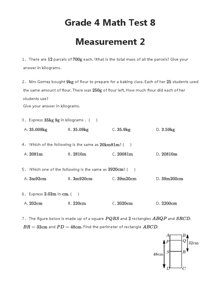 Math Practice 8 Grade 4 | PDF | Area | Length